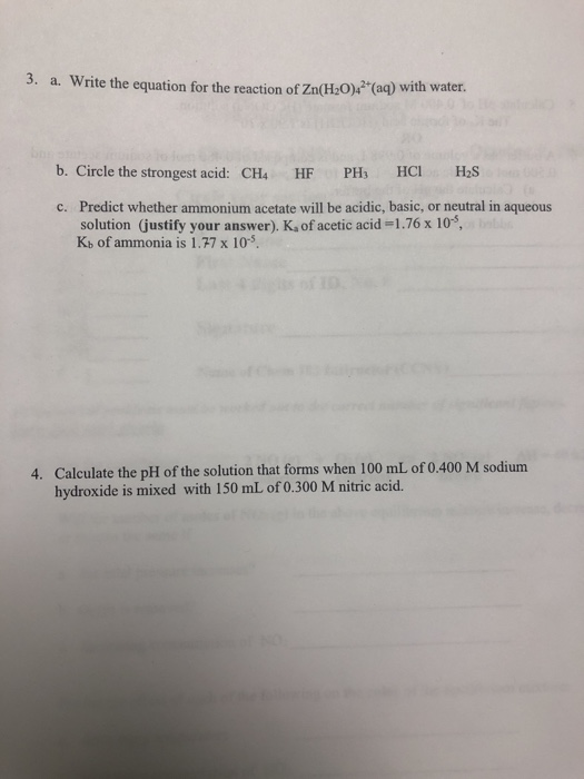 Solved 3. a. W rite the equation for the reaction of Zn(H20) | Chegg.com