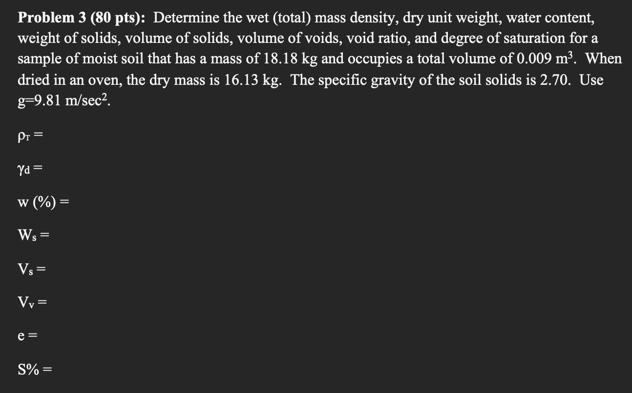 Solved Problem 3 (80 pts): Determine the wet (total) mass | Chegg.com