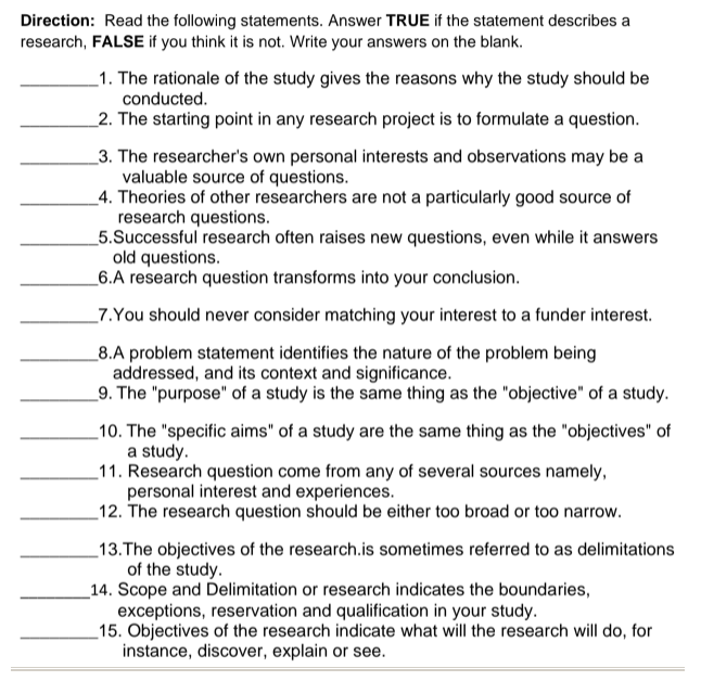 Solved Direction: Read the following statements. Answer TRUE | Chegg.com