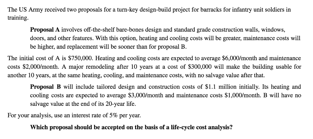 Solved The US Army received two proposals for a turn-key | Chegg.com