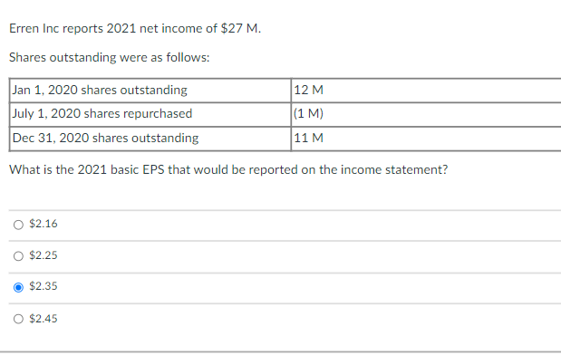 Solved Erren Inc reports 2021 net income of $27M. Shares | Chegg.com