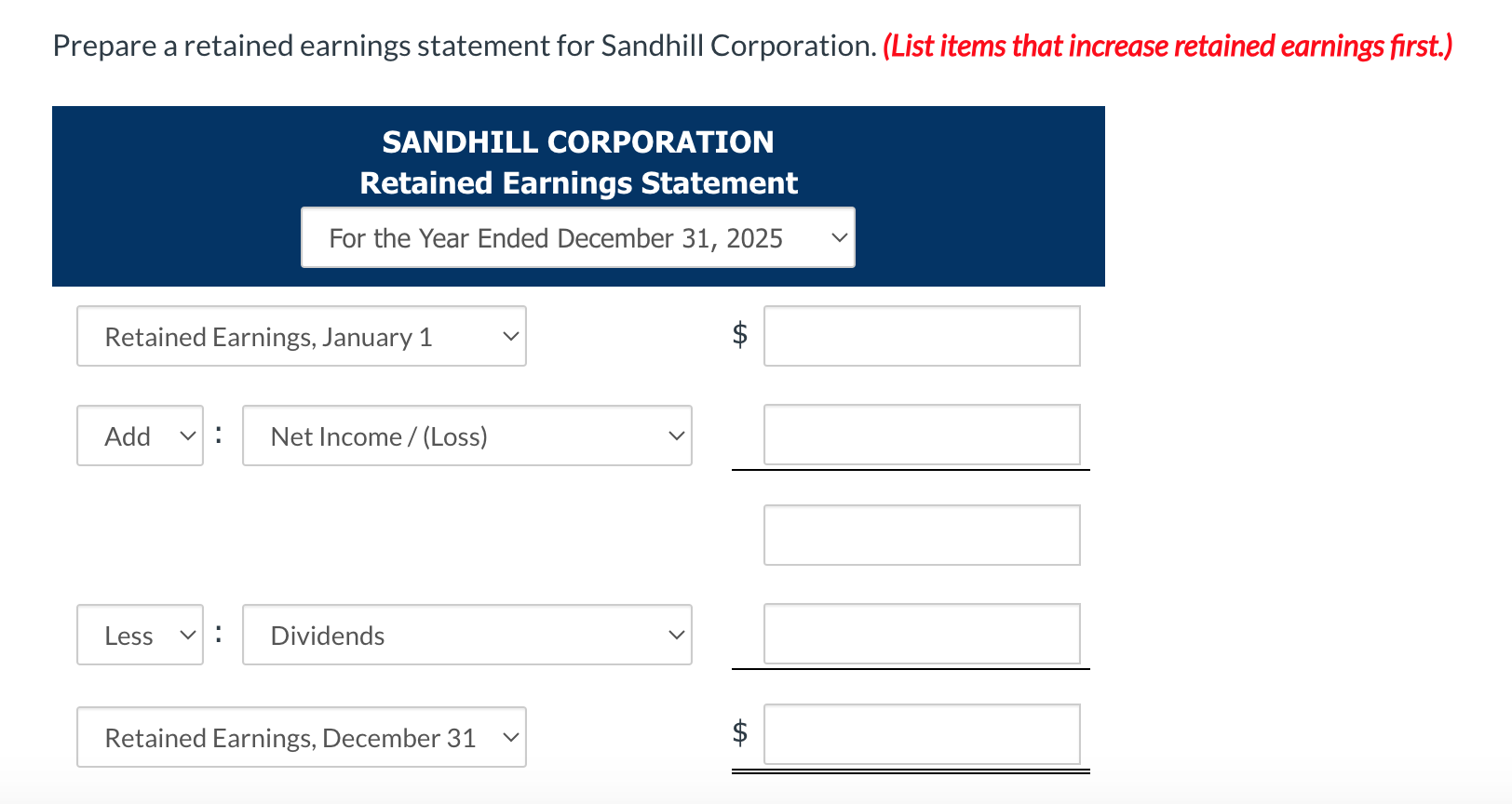 Solved Prepare a retained earnings statement for Sandhill | Chegg.com