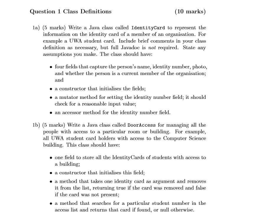 Solved (10 marks) Question 1 Class Definitions la) (5 marks) | Chegg.com
