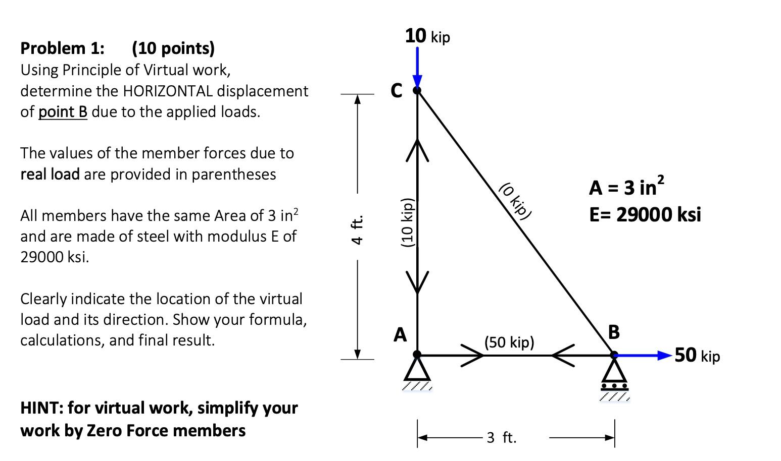 Solved 10 kip Problem 1: (10 points) Using Principle of | Chegg.com