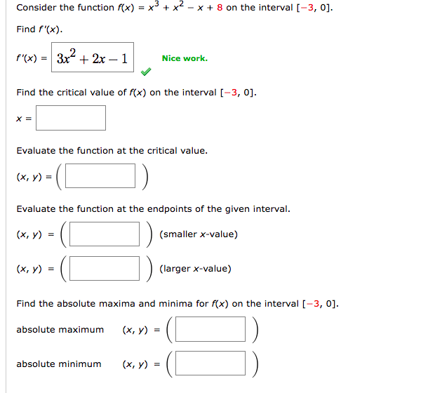 Solved Consider the function f(x)=x3+x2−x+8 on the interval | Chegg.com