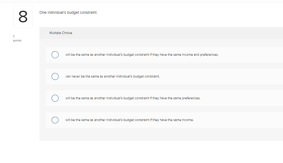Solved One Individual's budget constraint: Multiple Choice | Chegg.com