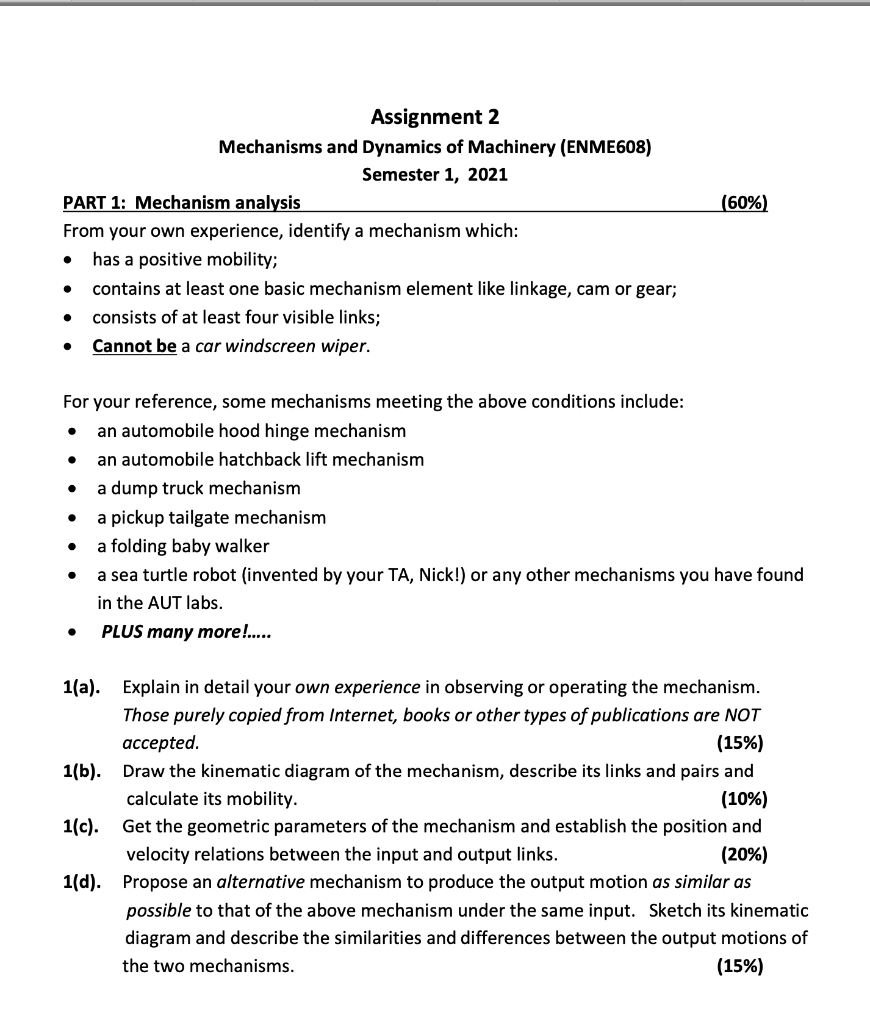 Solved (60%) Assignment 2 Mechanisms and Dynamics of | Chegg.com