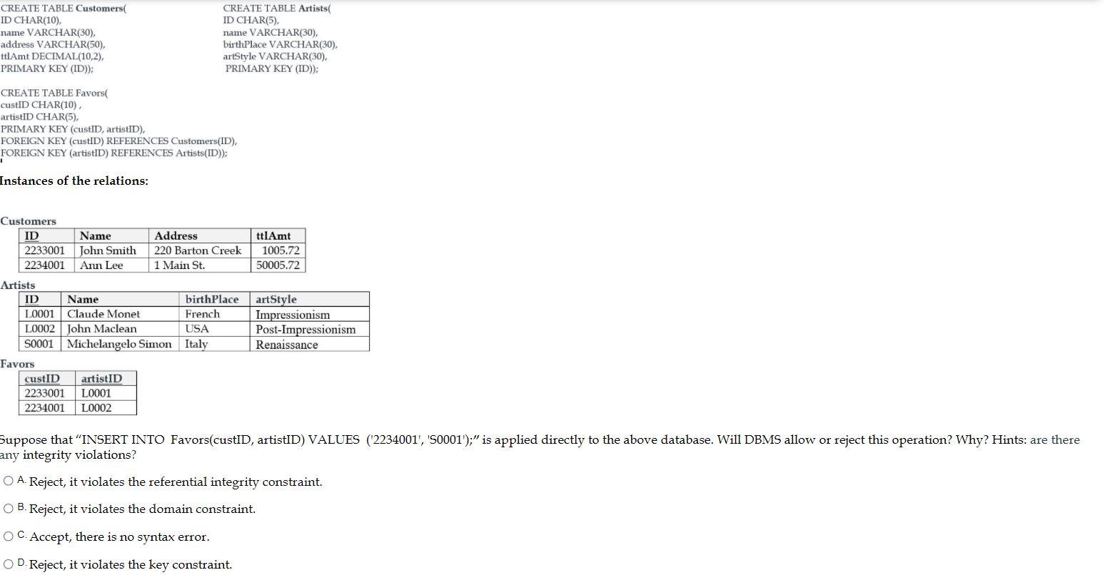 Solved CREATE TABLE Customers ID CHAR(10), name VARCHAR(30), | Chegg.com