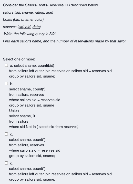 Solved Consider the Sailors-Boats-Reserves DB described | Chegg.com