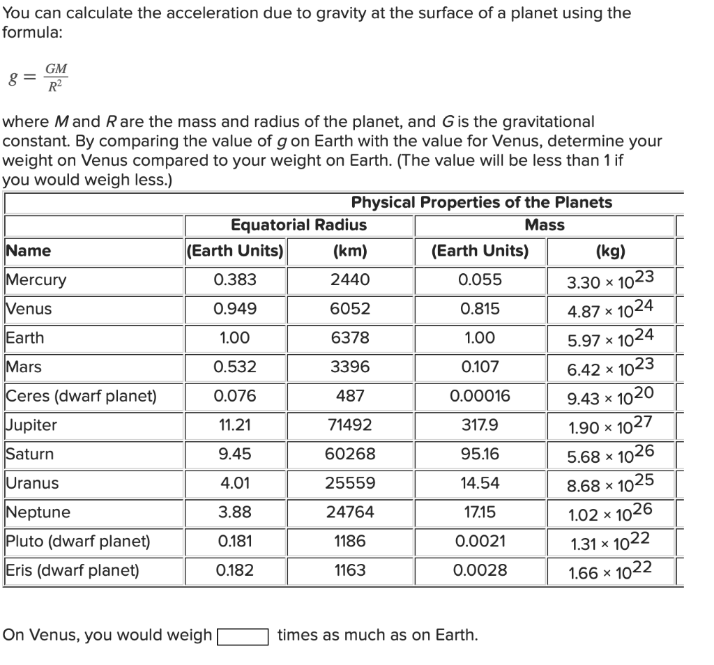 Solved You can calculate the acceleration due to gravity at | Chegg.com