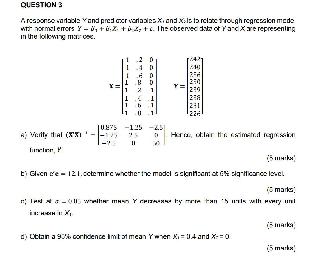 Solved QUESTION 3 A response variable Y and predictor | Chegg.com