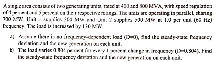 Solved A single area consists of two generating units, rated | Chegg.com