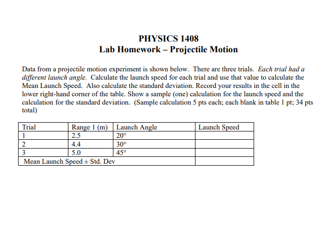 Solved PHYSICS 1408 Lab Homework – Projectile Motion Data | Chegg.com