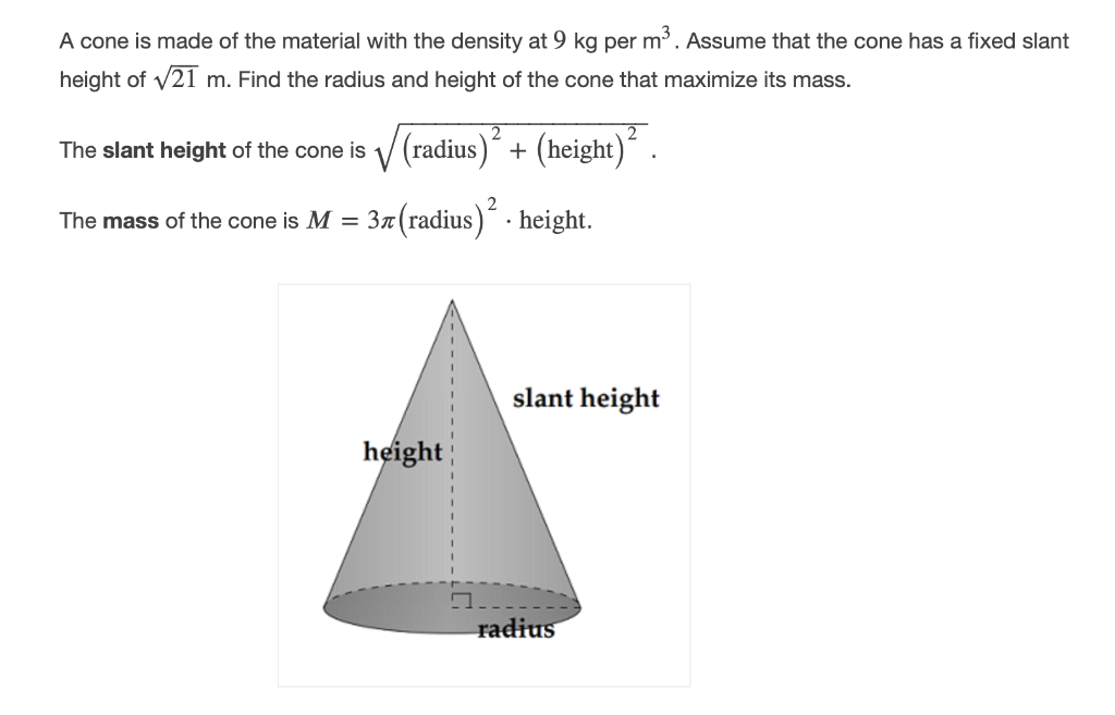 Solved A cone is made of the material with the density at 9 | Chegg.com