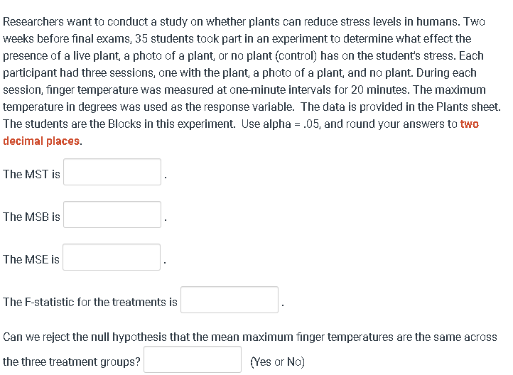 Solved Researchers want to conduct a study on whether plants | Chegg.com