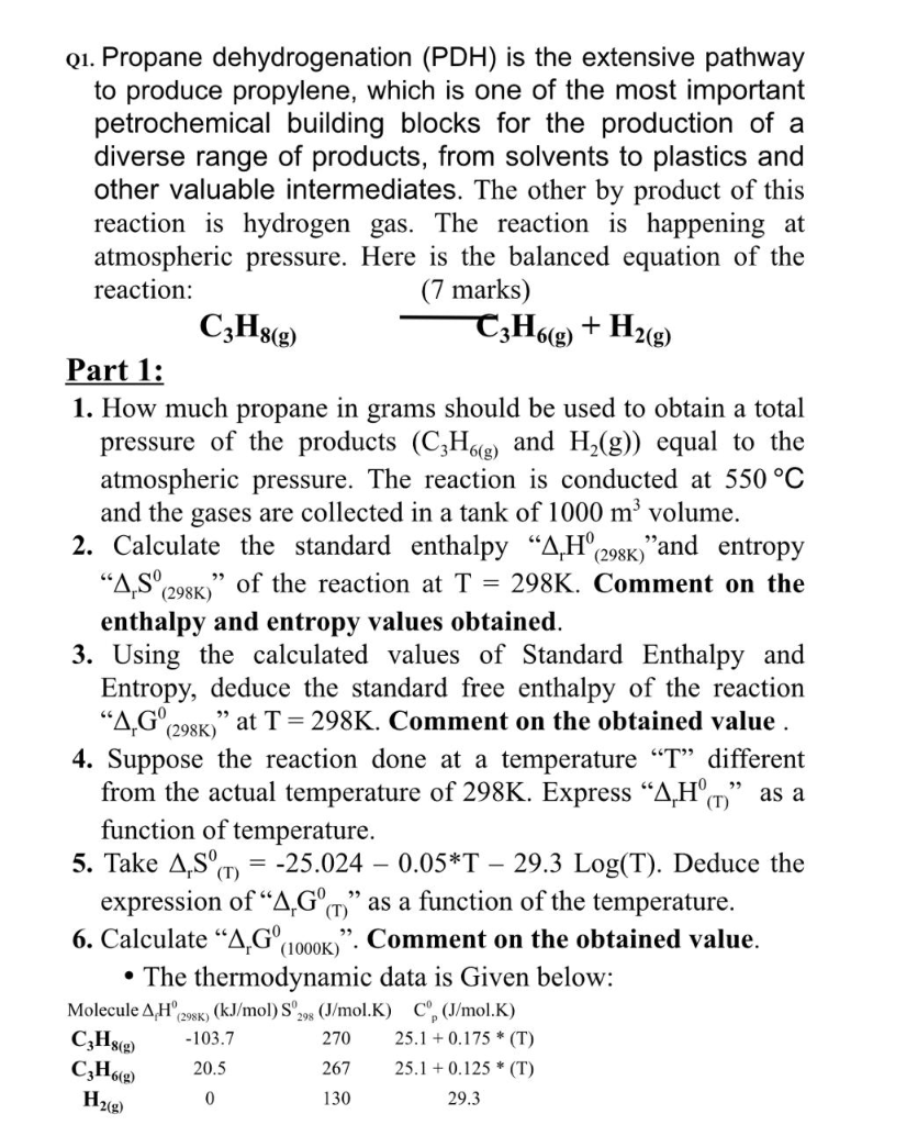 Solved Q1. Propane dehydrogenation (PDH) is the extensive | Chegg.com