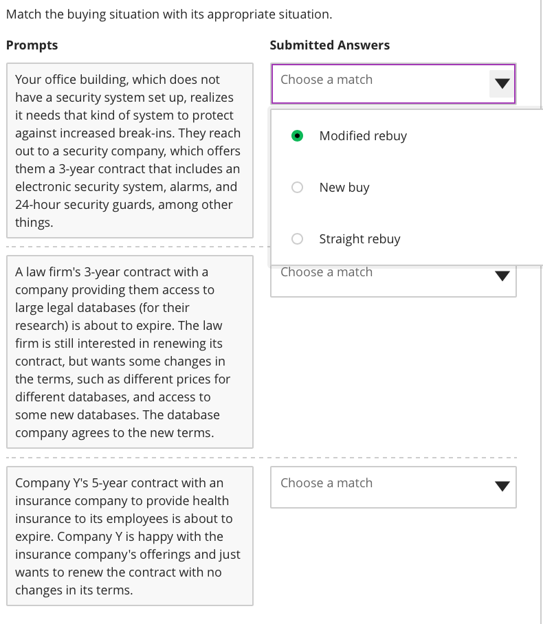 Solved Match the buying situation with its appropriate | Chegg.com