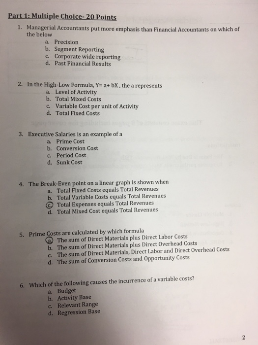 Solved Part 1: Multiple Choice:20 Points Managerial | Chegg.com