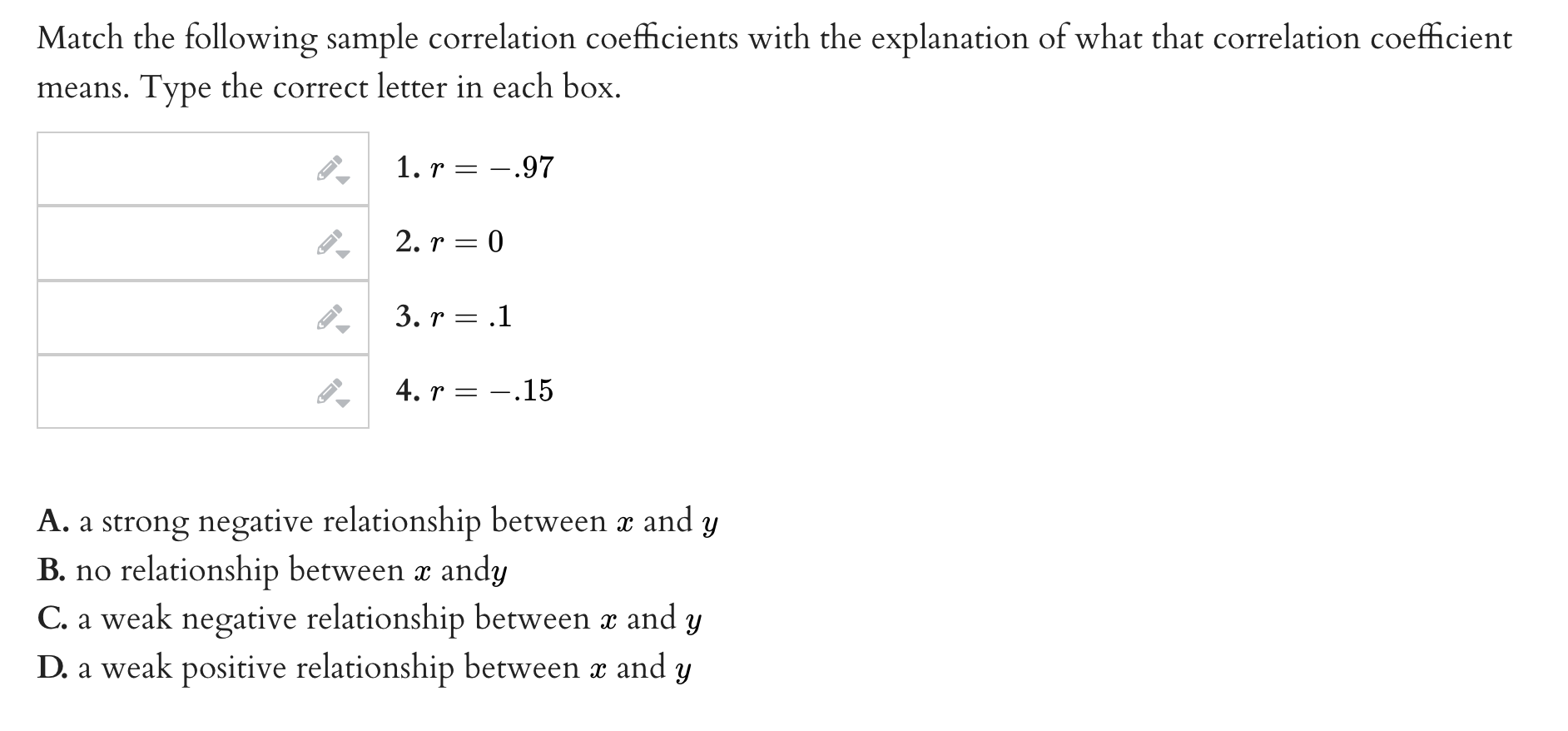 Solved Match the following sample correlation coefficients | Chegg.com