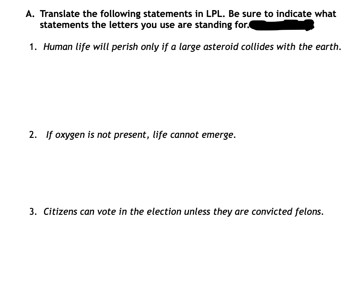 Solved A. Translate the following statements in LPL. Be sure | Chegg.com