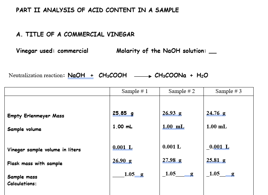 Solved PART II ANALYSIS OF ACID CONTENT IN A SAMPLE A. TITLE | Chegg.com
