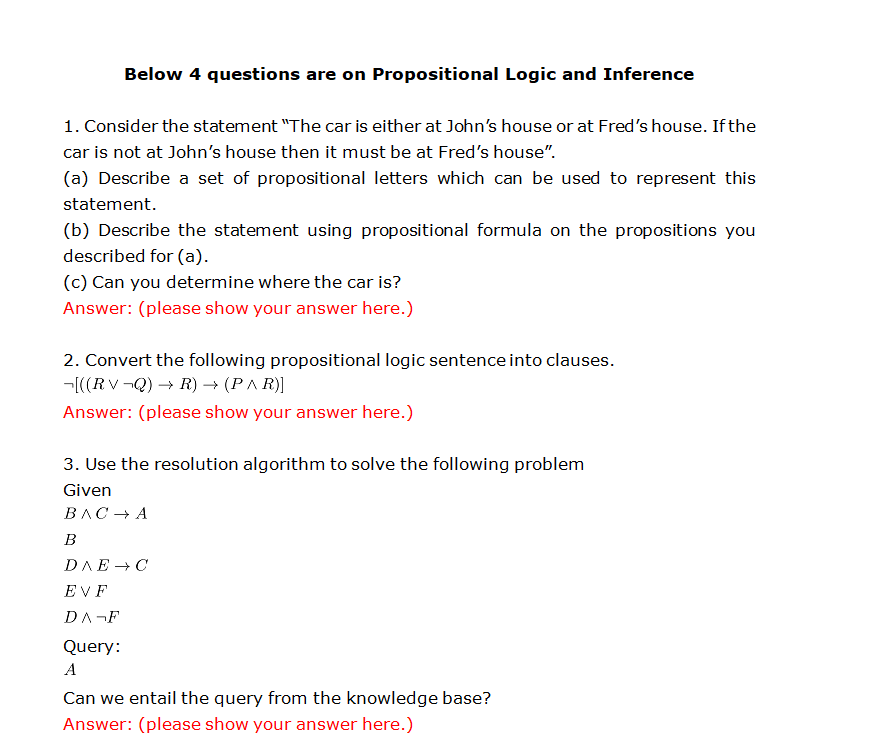 Solved Below 4 Questions Are On Propositional Logic And