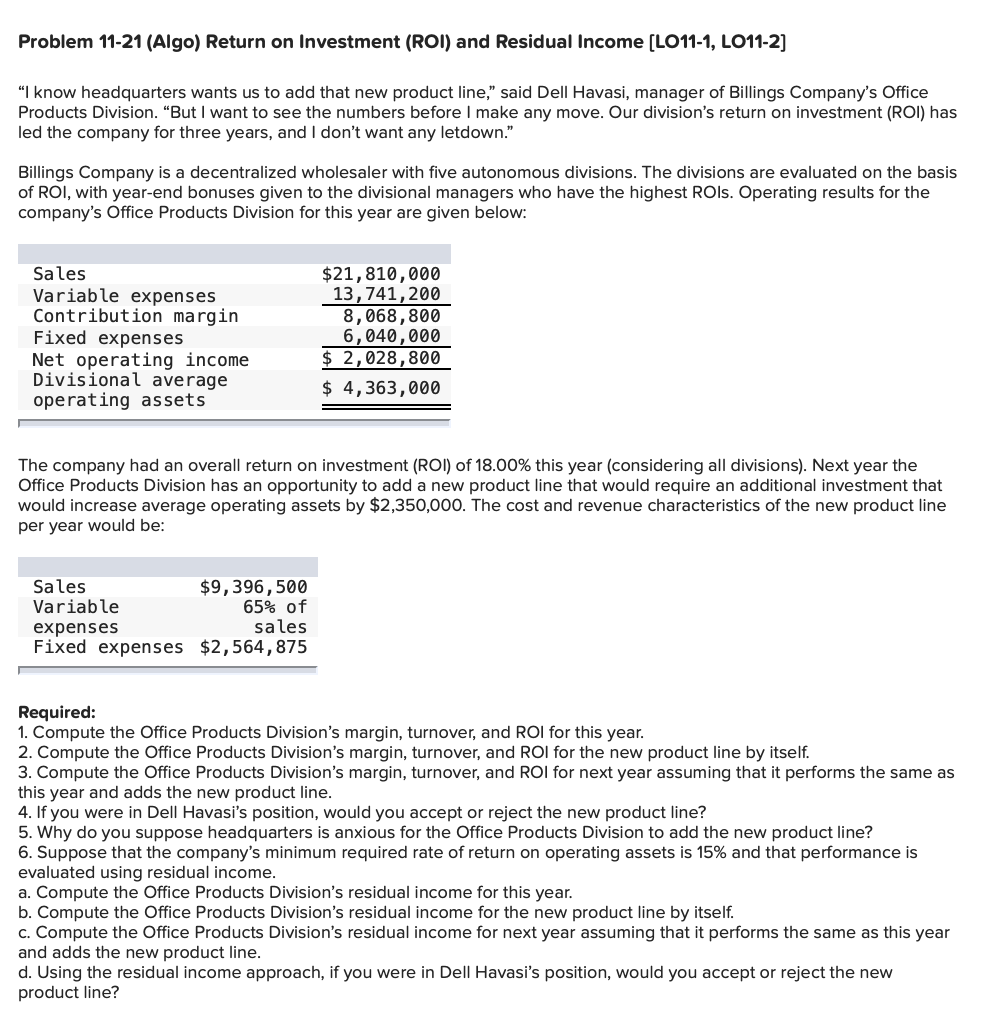 Solved Problem 11-21 (Algo) Return on Investment (ROI) and | Chegg.com