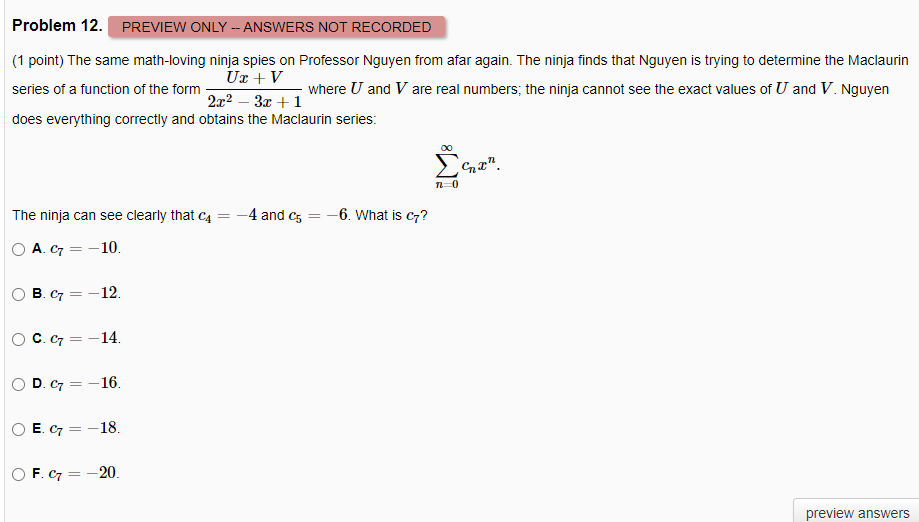 Solved Problem 12. PREVIEW ONLY -- ANSWERS NOT RECORDED (1 | Chegg.com