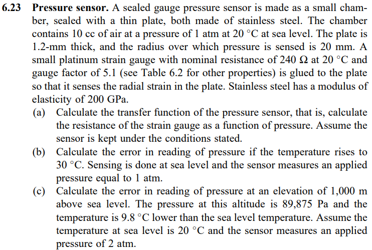 Solved 6.23 ﻿Pressure sensor. ﻿A sealed gauge pressure | Chegg.com