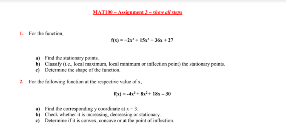 Solved MAT100 - Assignment 3 - show all steps 1. For the | Chegg.com