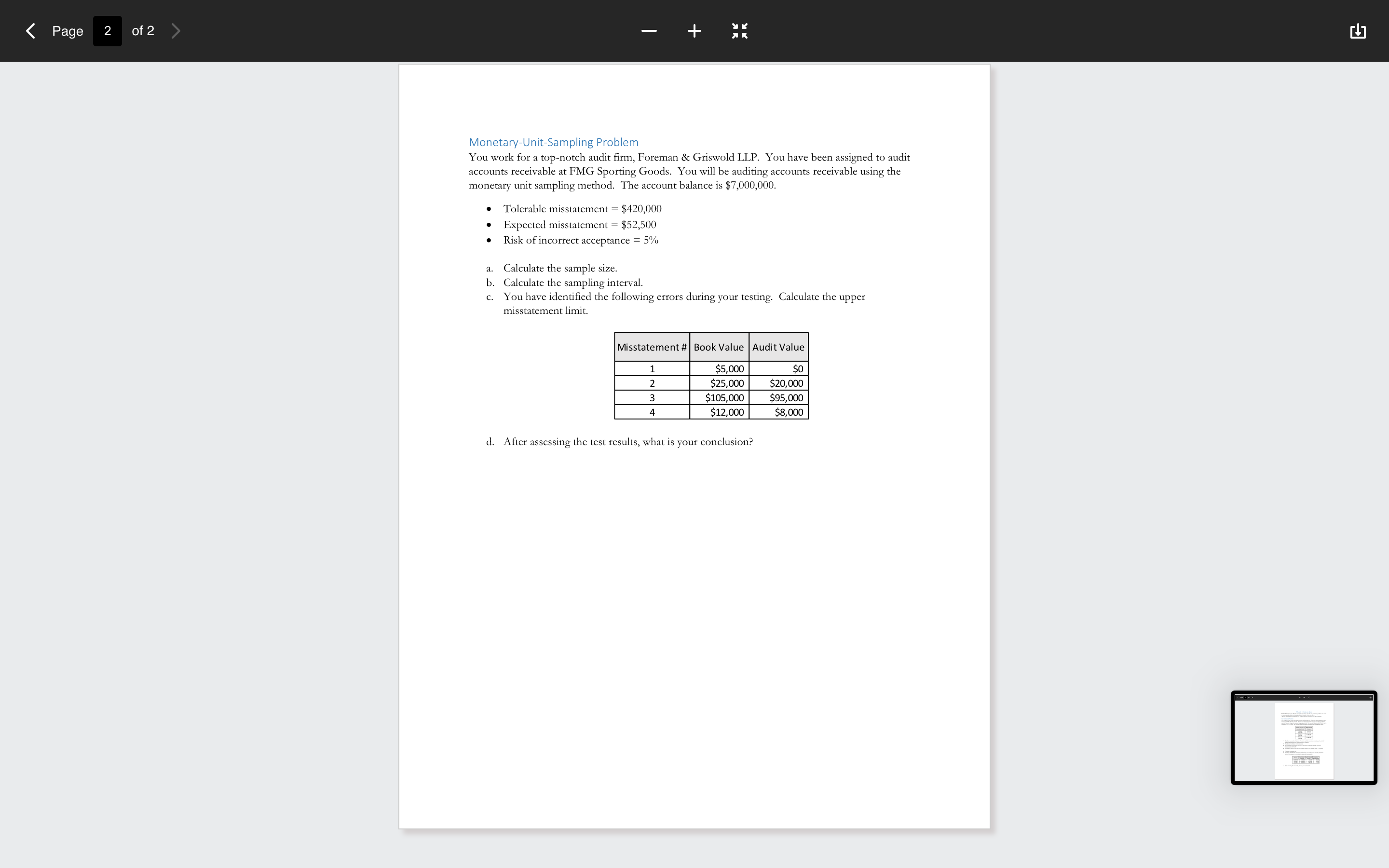 Solved Monetary-Unit-Sampling ProblemYou work for a | Chegg.com