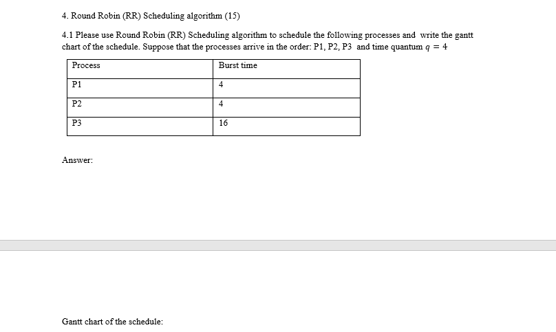 Solved 4. Round Robin (RR) Scheduling algorithm (15) 4.1 | Chegg.com
