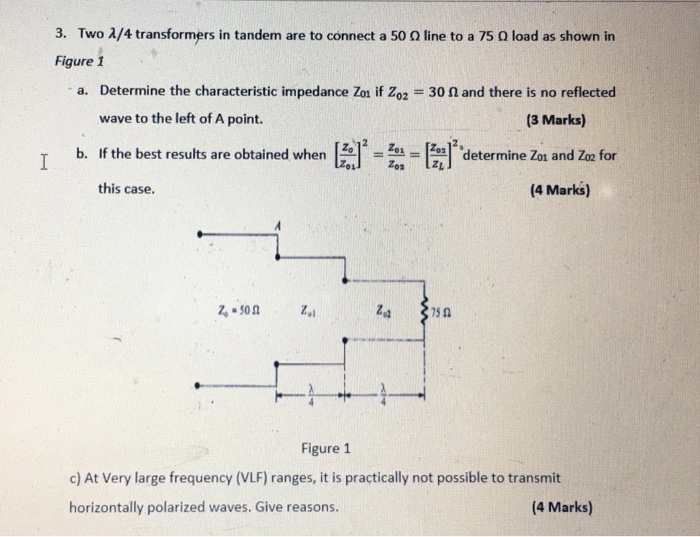 Solved 3. Two λ/4 transformers in tandem are to connect a 50 | Chegg.com
