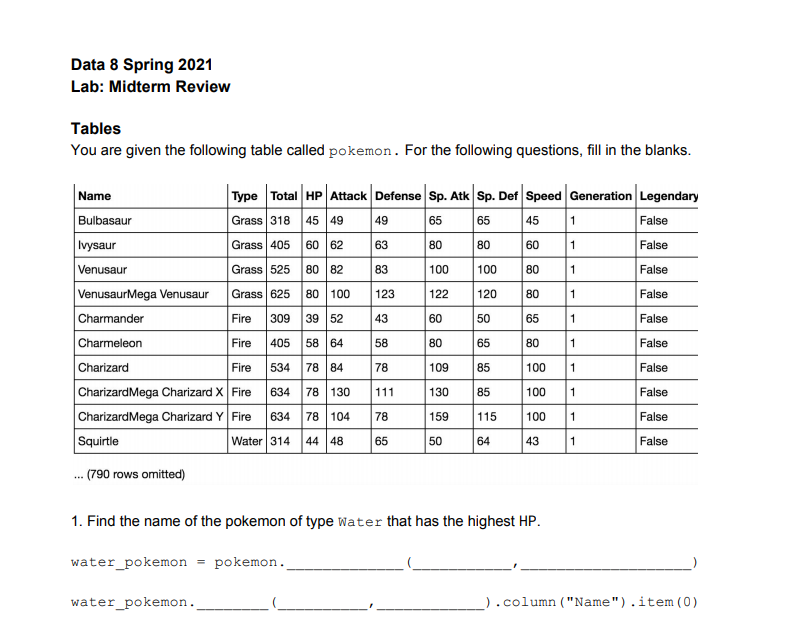 Data 8 Spring 2021 Lab: Midterm Review Tables You are | Chegg.com