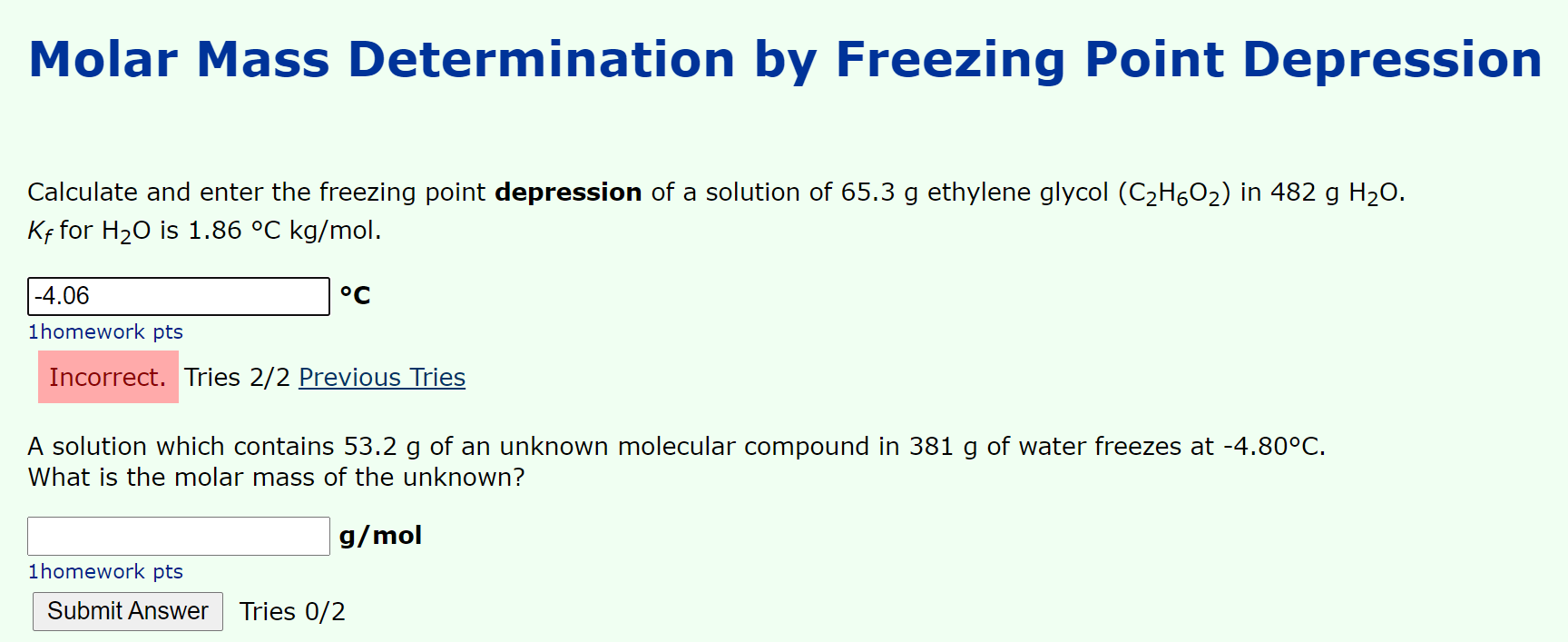Solved Molar Mass Determination by Freezing Point Depression | Chegg.com