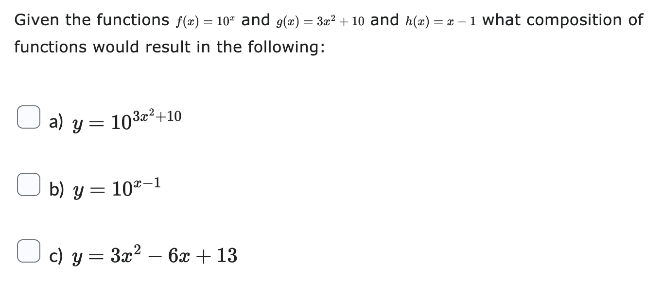 Solved Given the functions f(x)=10x and g(x)=3x2+10 and | Chegg.com