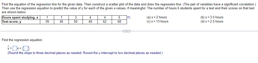 Solved Find the equation of the regression line for the | Chegg.com