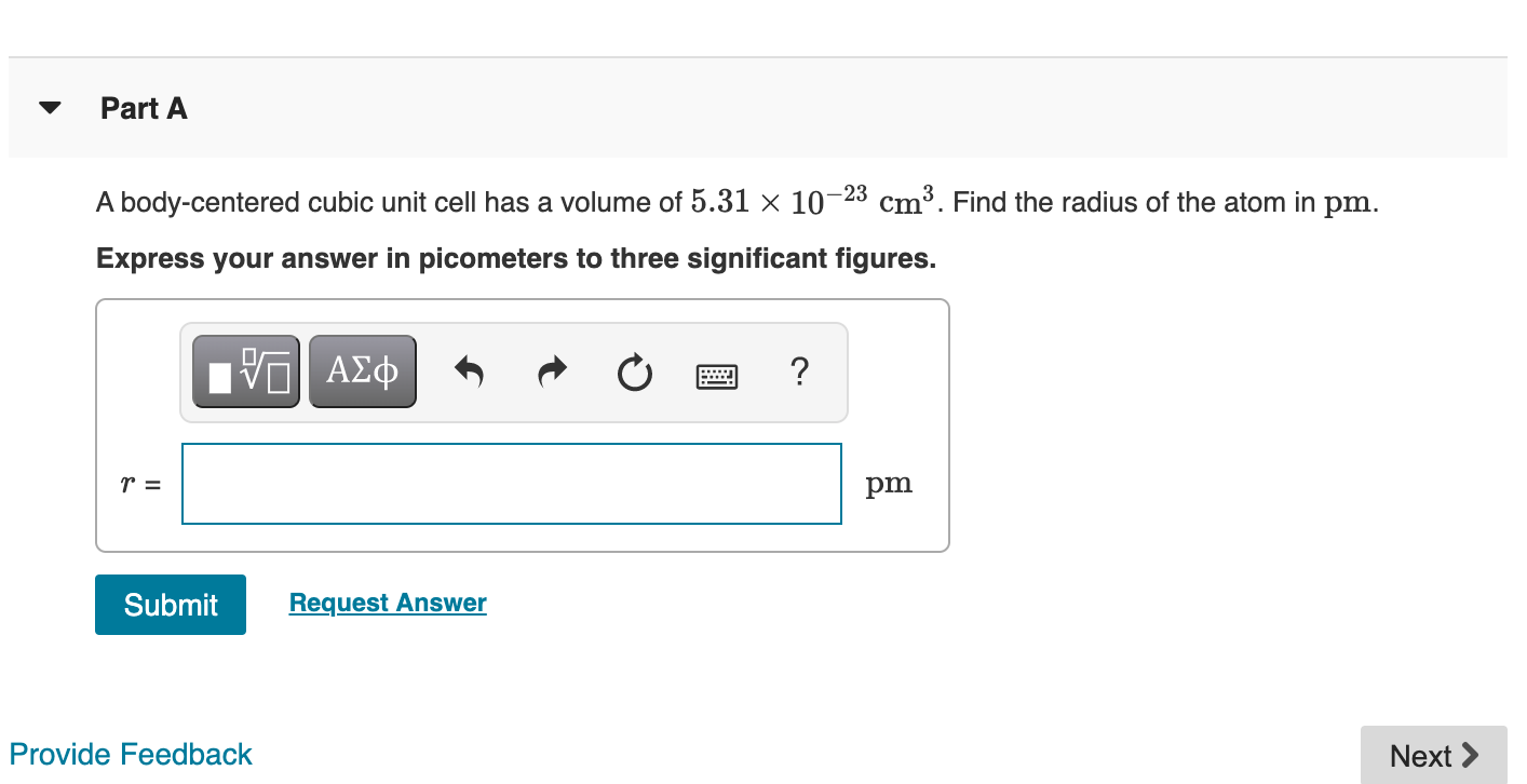Solved Part A A body-centered cubic unit cell has a volume | Chegg.com