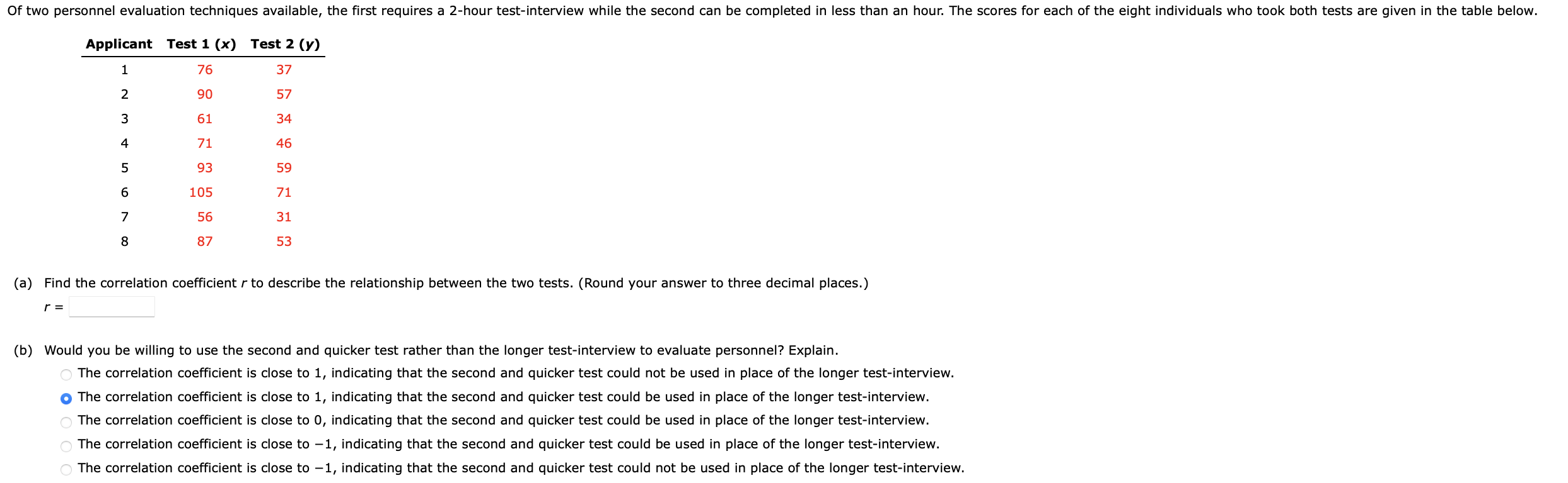 Solved \begin{tabular}{ccc} Applicant & Test 1 (x) & Test | Chegg.com