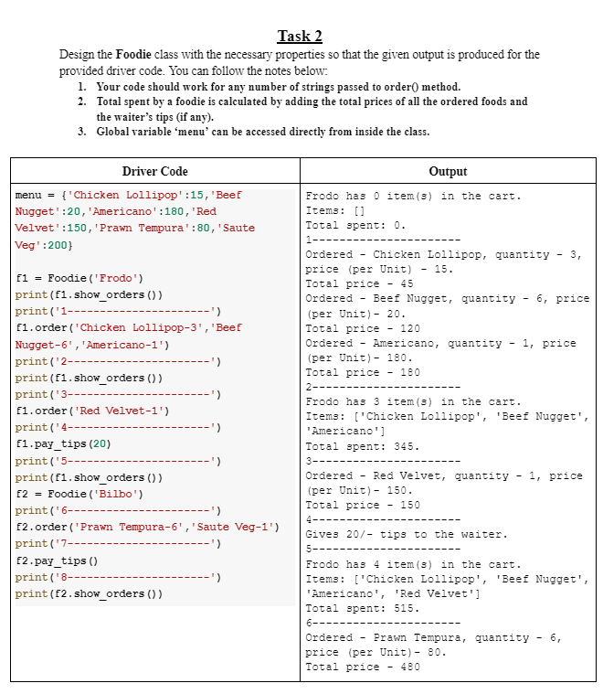 Solved Task 2 Design the Foodie class with the necessary | Chegg.com