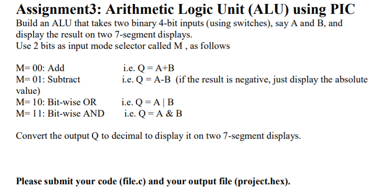 Solved Assignment3: Arithmetic Logic Unit (ALU) using PIC | Chegg.com