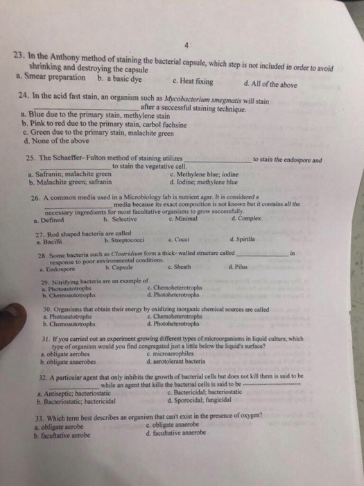 Solved 23. In the Anthony method of staining the bacterial | Chegg.com