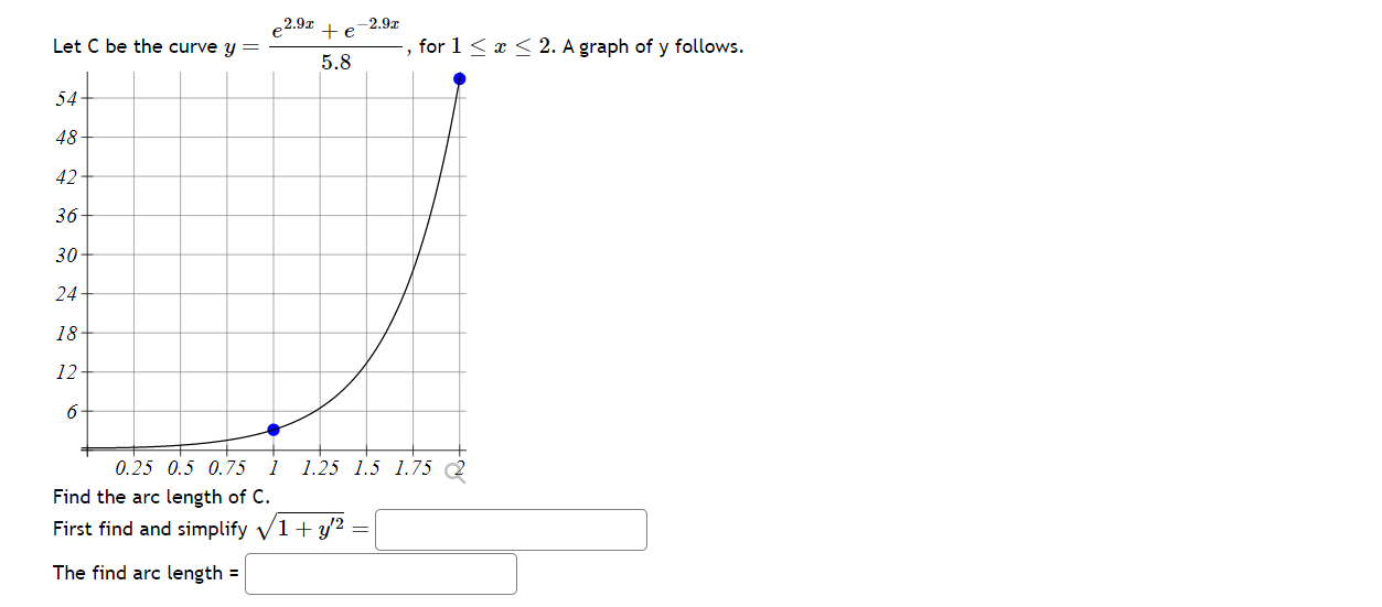 Solved Let C be the curve y=5Re2.9x+e−2.9x, for 1≤x≤2. A | Chegg.com