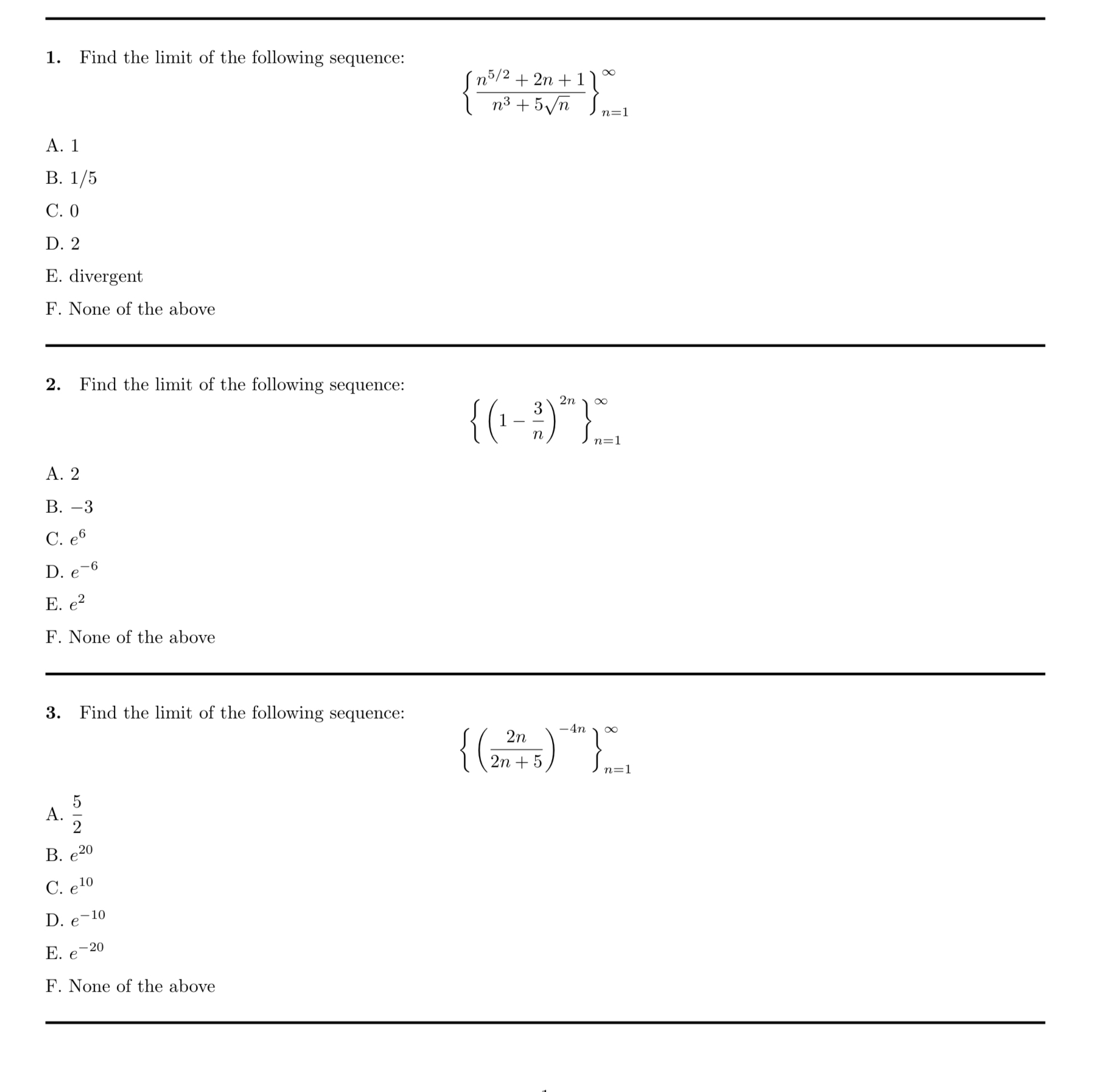 Solved 1. Find the limit of the following sequence: | Chegg.com