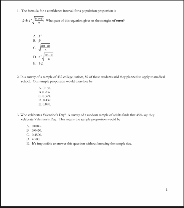 Solved 1. The formula for a confidence interval for a | Chegg.com