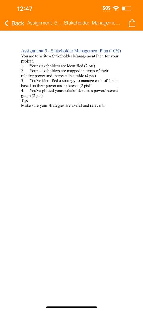 Assignment 5 - Stakeholder Management Plan ( I 0°o) | Chegg.com