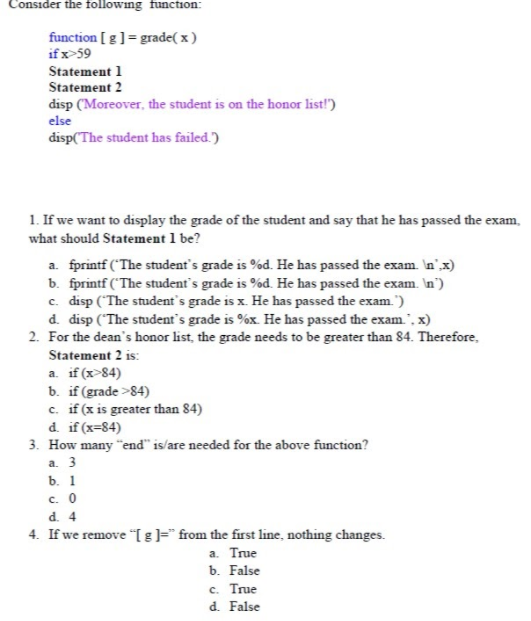Solved Consider the following function: function [ 8 ] = | Chegg.com