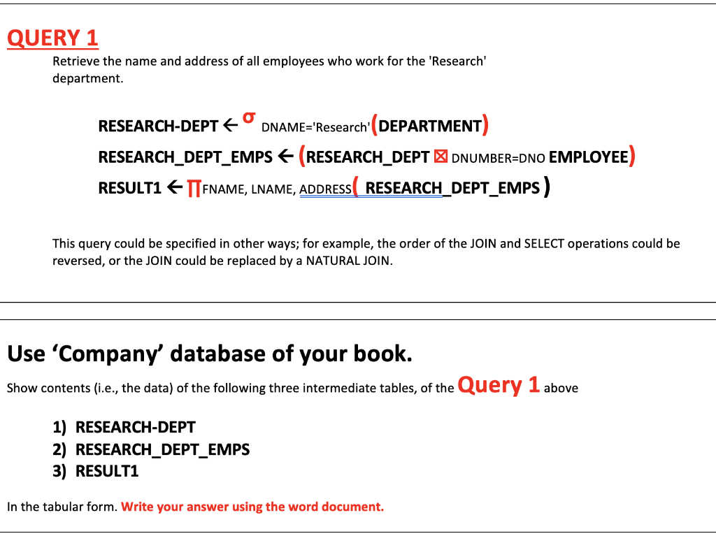 Solved QUERY 1 Retrieve the name and address of all | Chegg.com