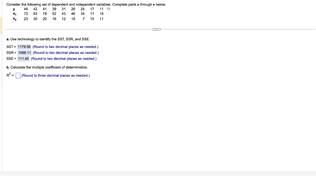 Solved a. Use technology to identify the SST, SSR, and SSE. | Chegg.com