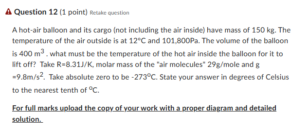 Solved A Question 12 (1 ﻿point) ﻿Retake questionA hot-air | Chegg.com